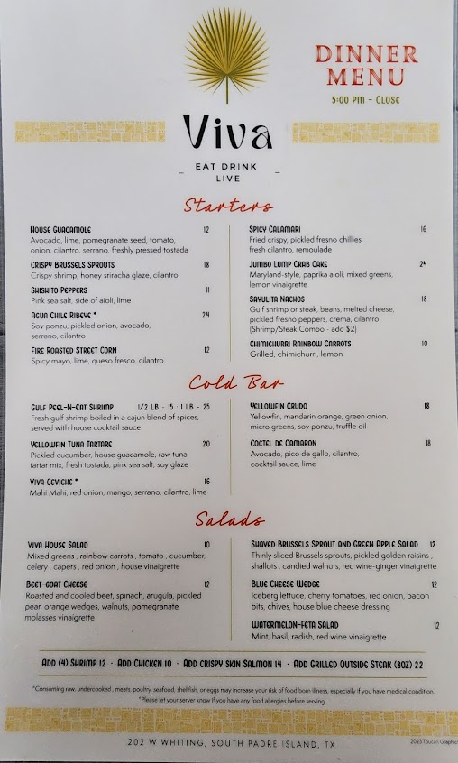 Viva South Padre Island Restaurant Menu | Fresh Seafood, Waterfront ...