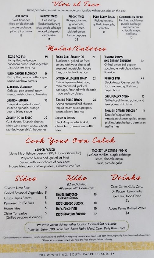 Viva South Padre Island Restaurant Menu | Fresh Seafood, Waterfront ...